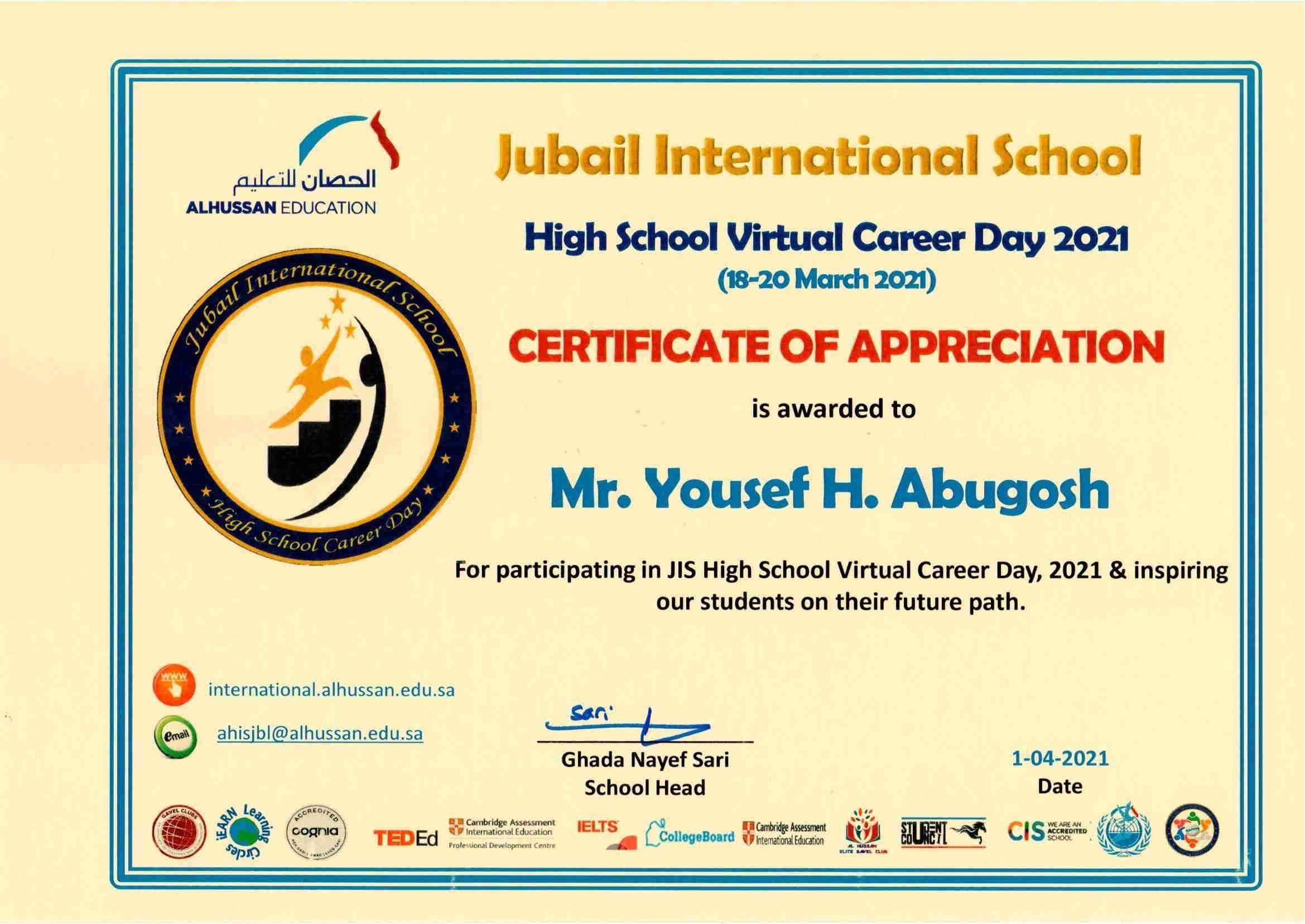 ||Al Hussan International|| Career day Certificates of appreciation
